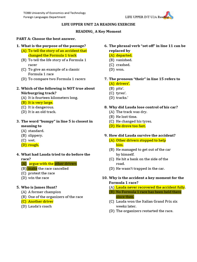 LIFE UPPER INT U2A Reading | PDF