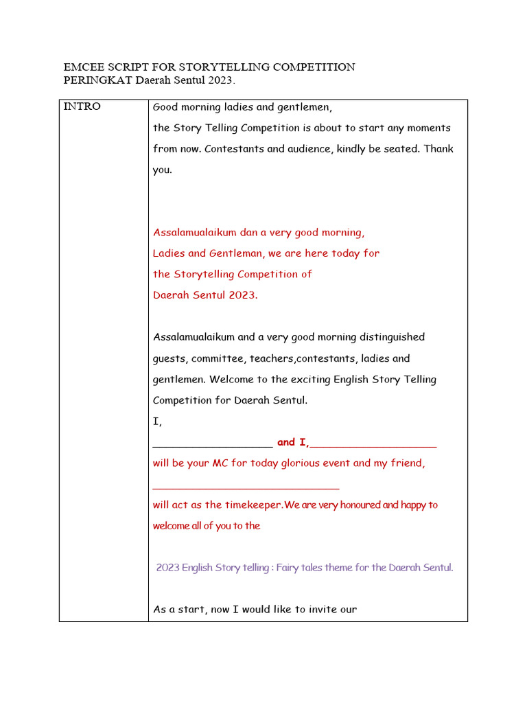 Emcee Script For Storytelling Competition | PDF