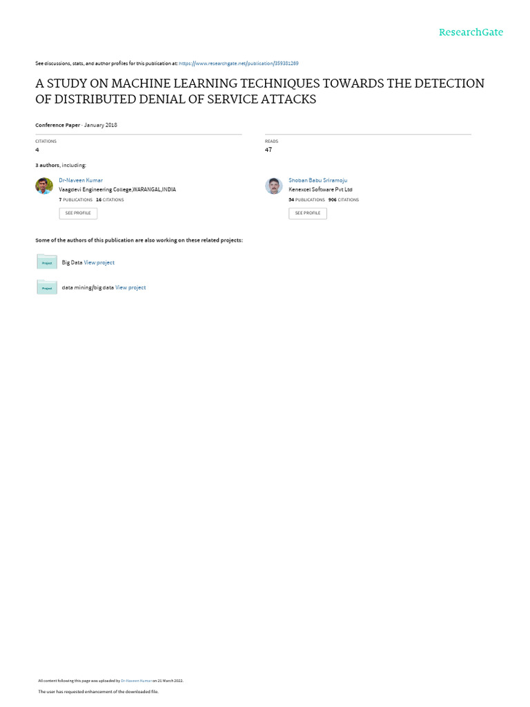 A Study On Machine Learning Techniques Towards The Detection of Distributed Denial of Service ...