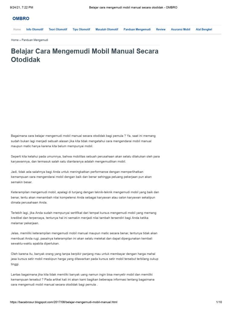 Belajar Cara Mengemudi Mobil Manual Secara Otodidak - OMBRO | PDF