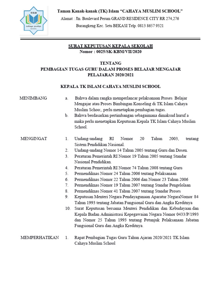 SK Pembagian Tugas Mengajar TK CMS | PDF