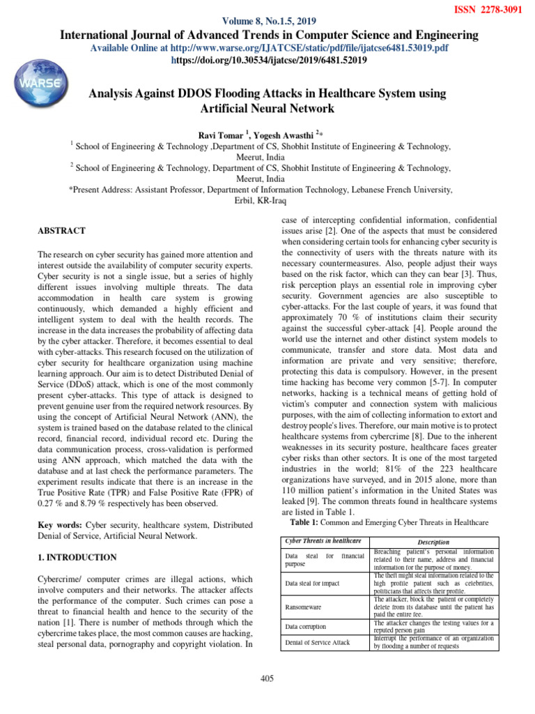 Analysis Against Ddos Flooding Attacks In Healthcare System Using