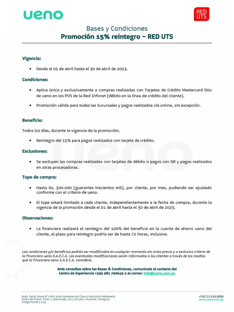 Bases y Condiciones Ueno - Red UTS Abril | PDF