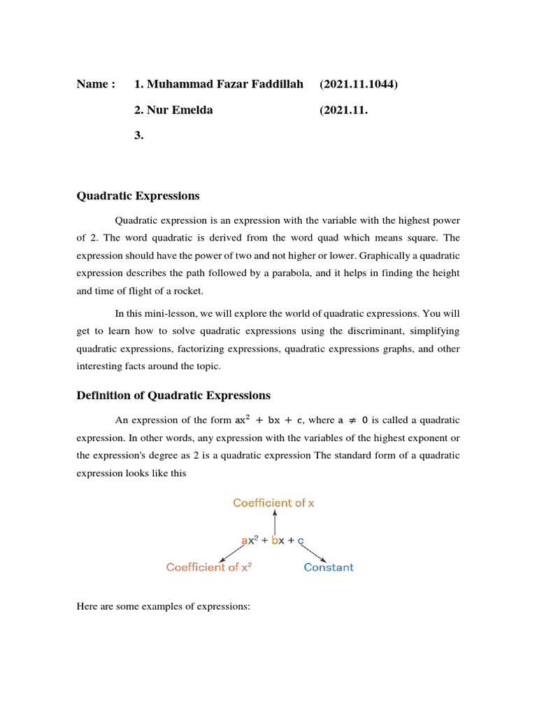 Quadratic Expression | PDF