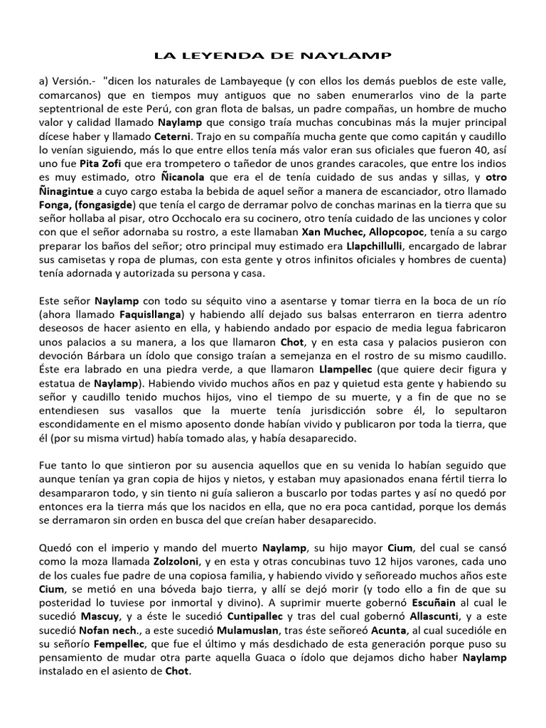 La Leyenda de Naylamp | PDF | Viajes y turismo | Clásicos
