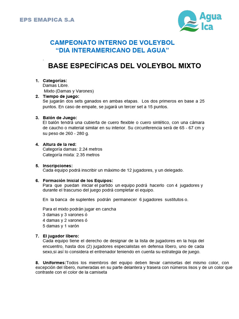 Reglamento Campeonato Voleibol Mixto EMAPICA | PDF