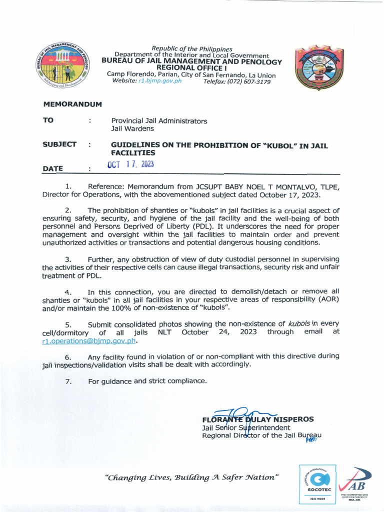 Guidelines On The Prohibition of Kubol in Jail Facilities | PDF