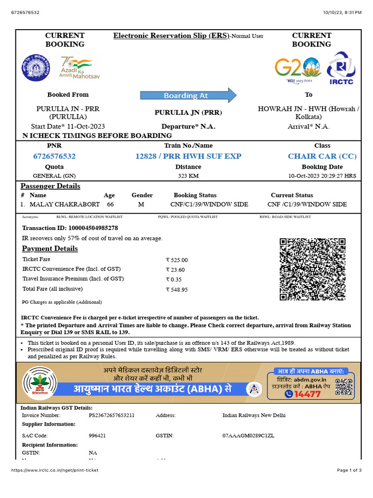 PRR HWH Suf Exp Chair Car (CC) : Current Booking Electronic Reservation ...