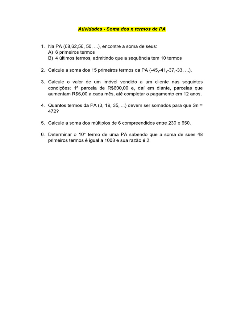 Atividades Soma de PA | PDF