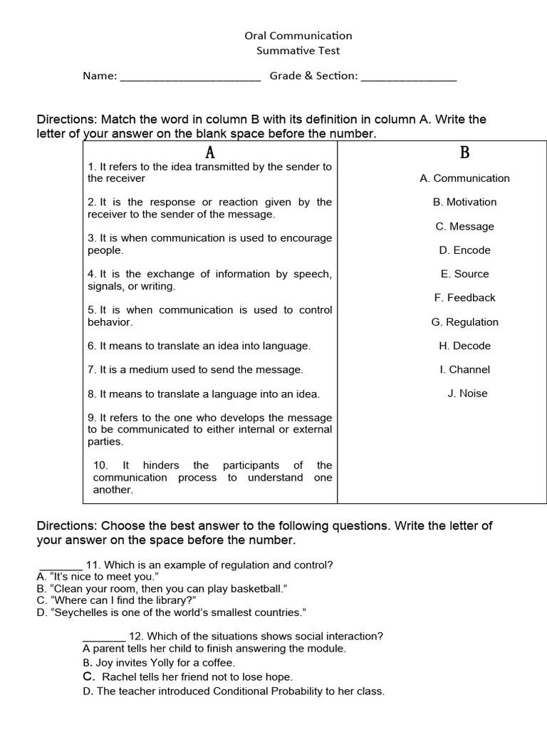 Oral Communication Test Answer Key | PDF | Communication | Human ...