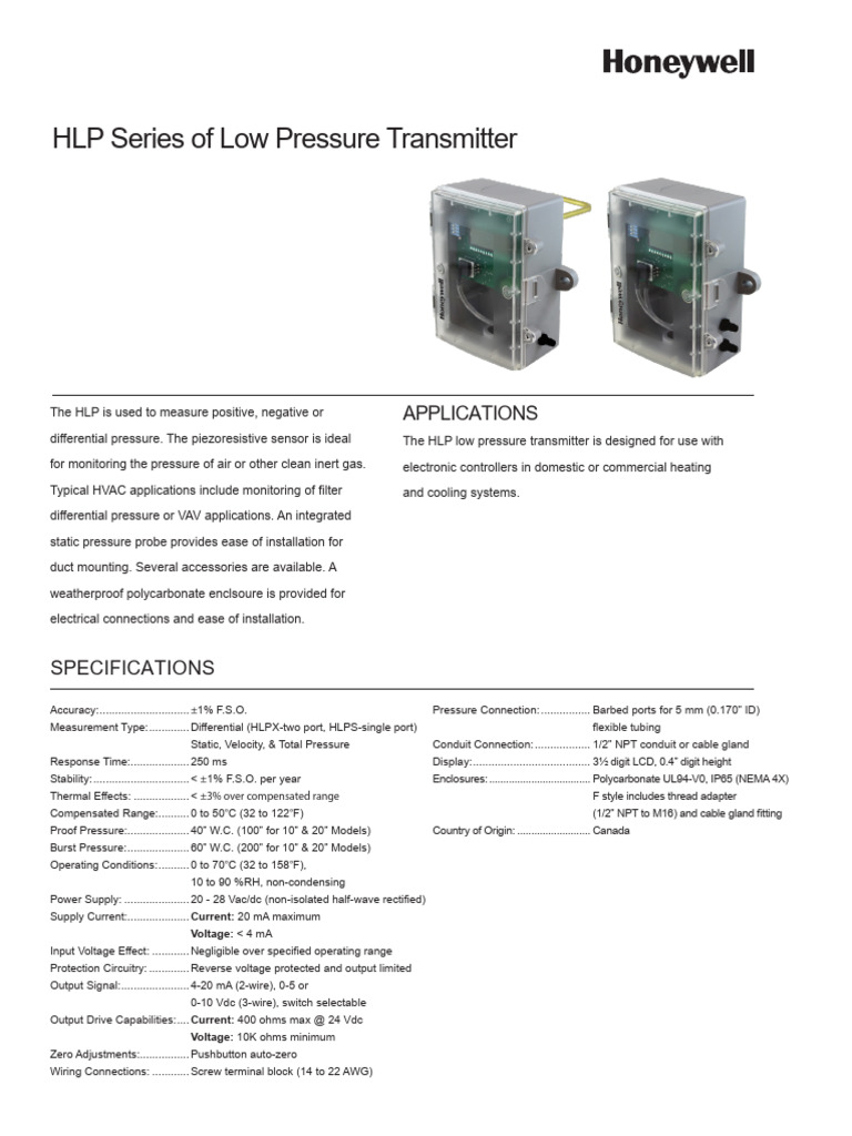HLP Low Pressure Transmitter Overview | PDF