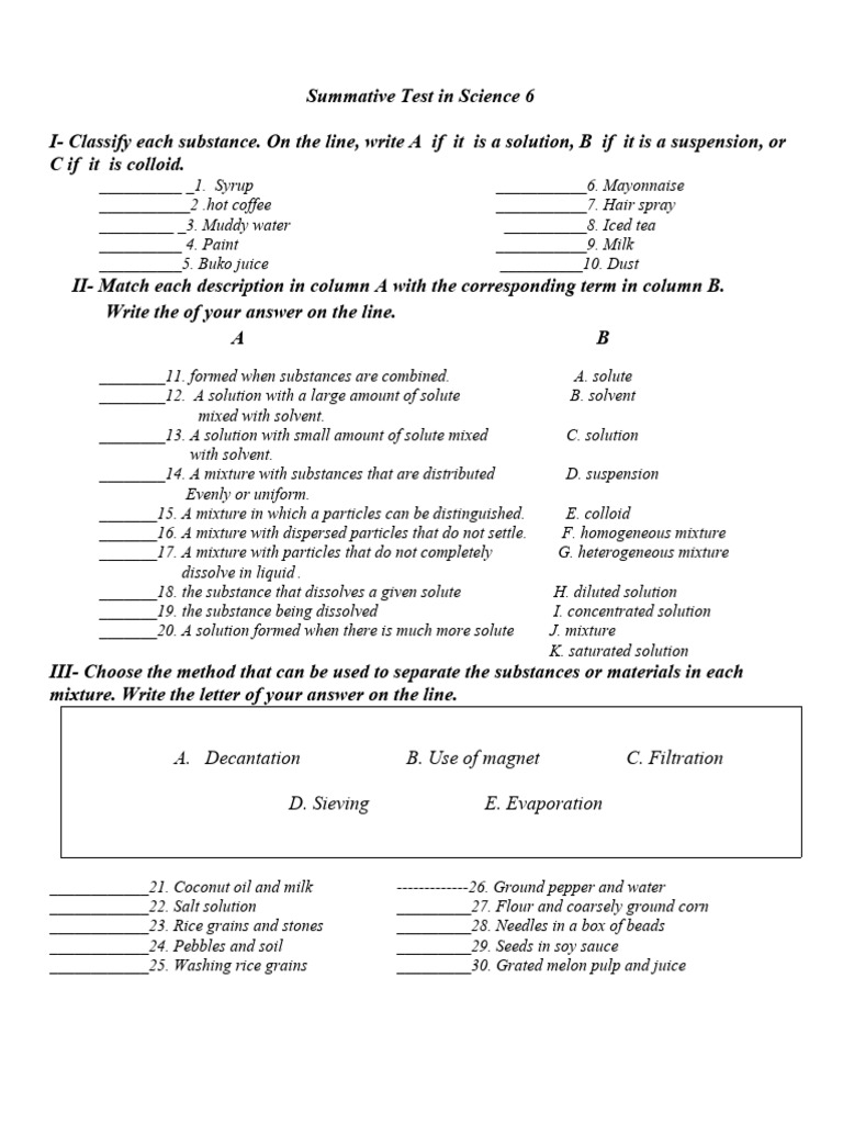 Grade 6 Science Test Answer Key | PDF | Mixture | Filtration