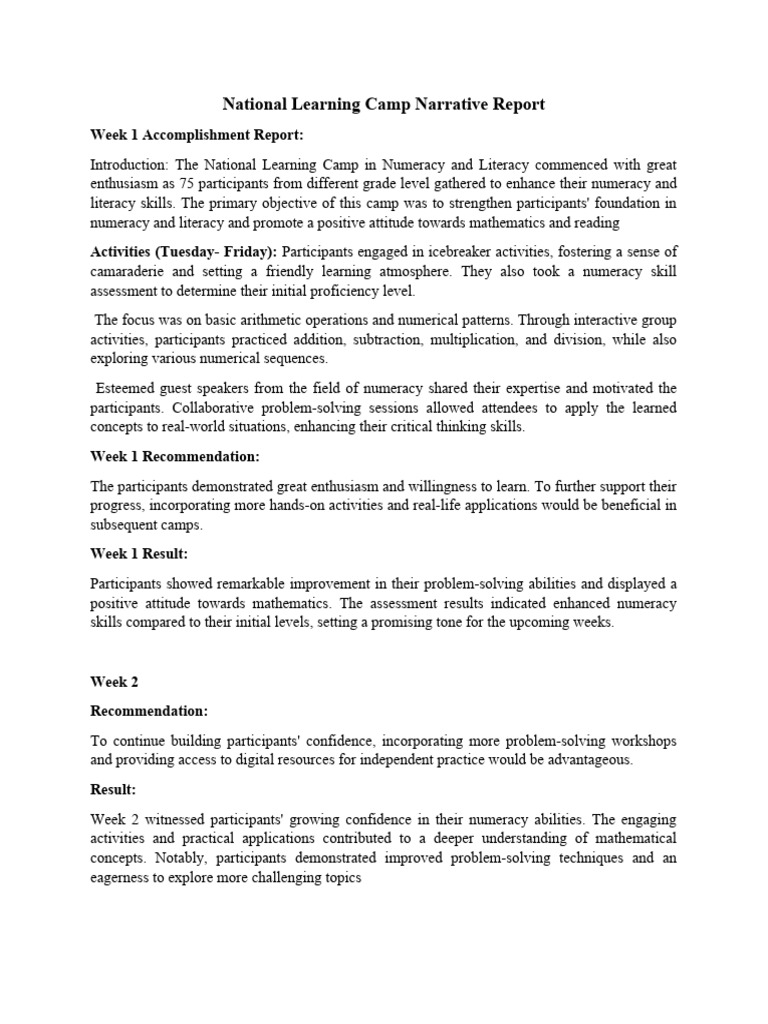 National Learning Camp Narrative Report | PDF | Learning | Literacy