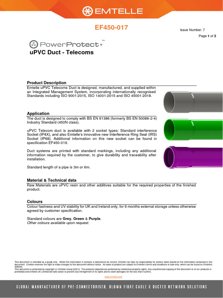 EF450 017 Generic Specification uPVC Duct Telecoms Rev.7 2 | PDF