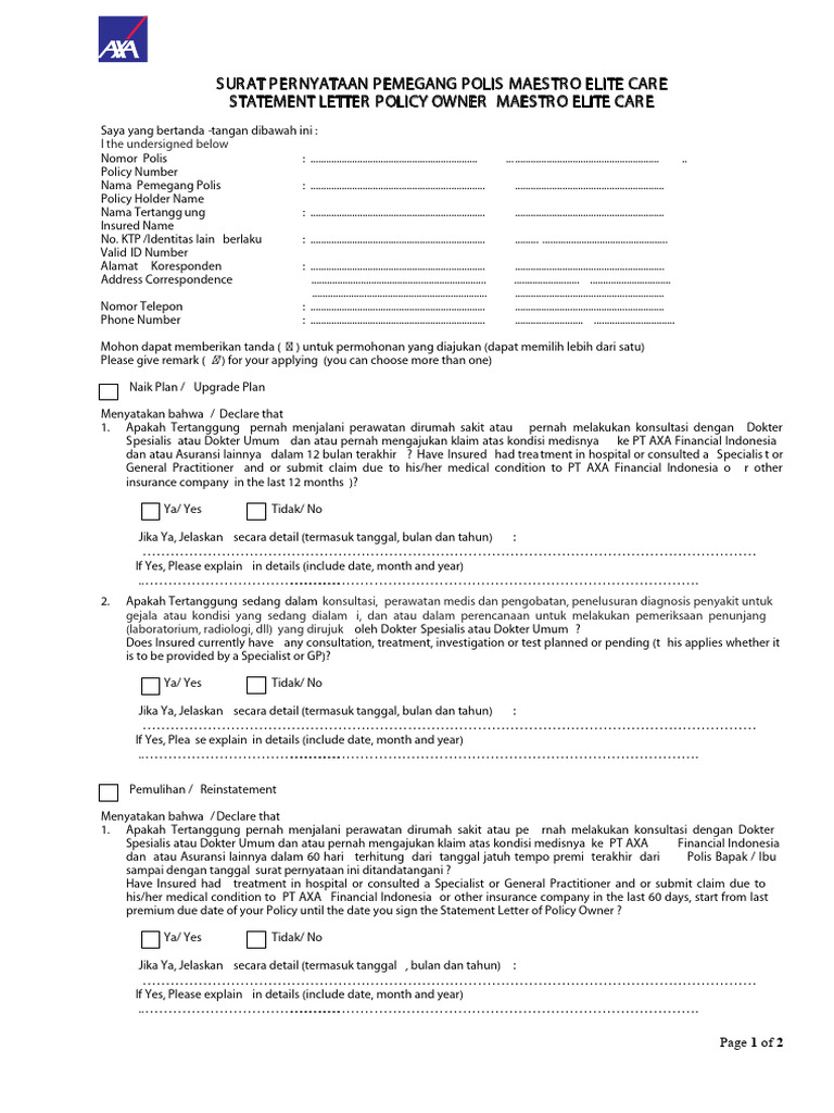 Surat Pernyataan Maestro Elite Care - AFI | PDF