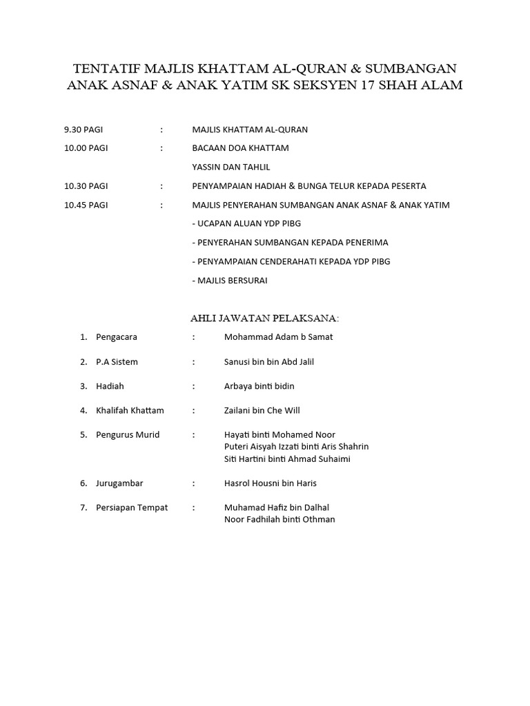 Tentatif Majlis Khattam & Sumbangan | PDF