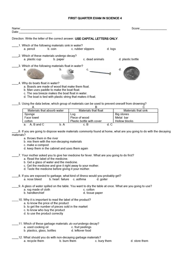 Grade 4 Science First Quarter Exam | PDF | Waste | Water