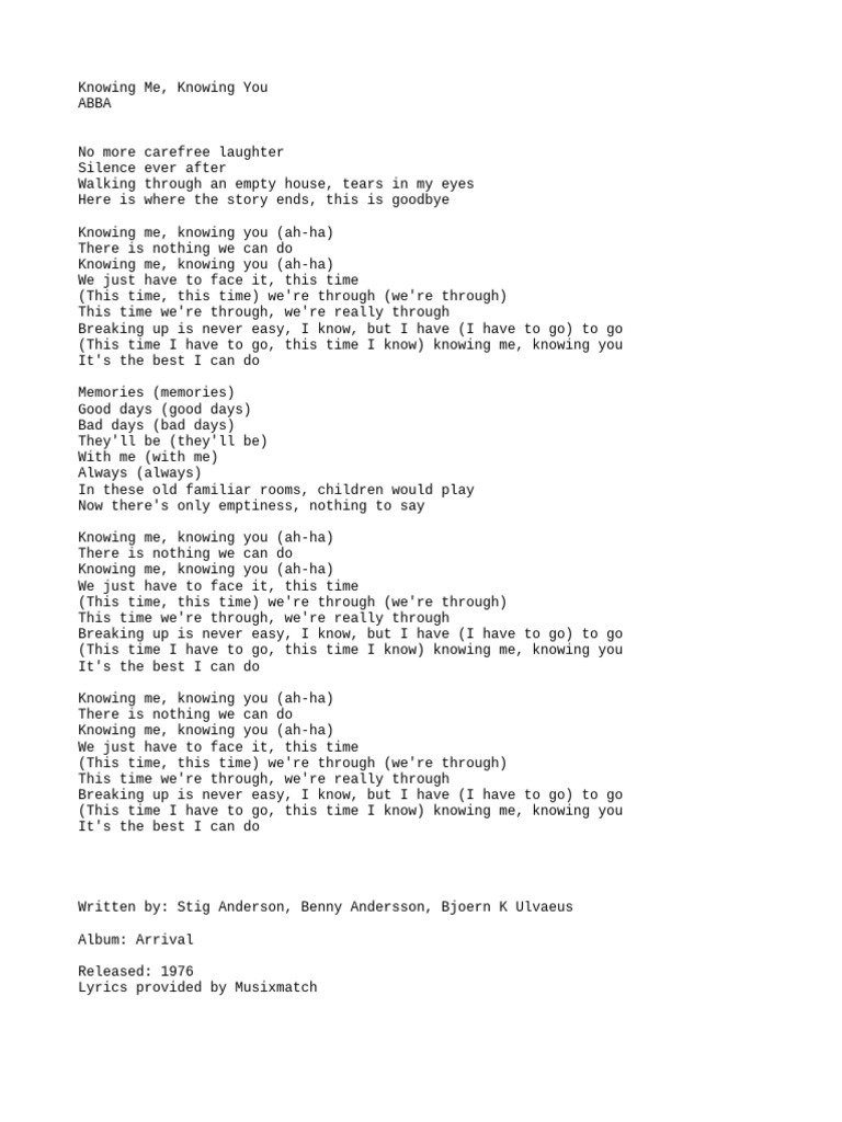 Knowing Me, Knowing You Lyrics | PDF Knowing Me, Knowing You Lyrics | PDF