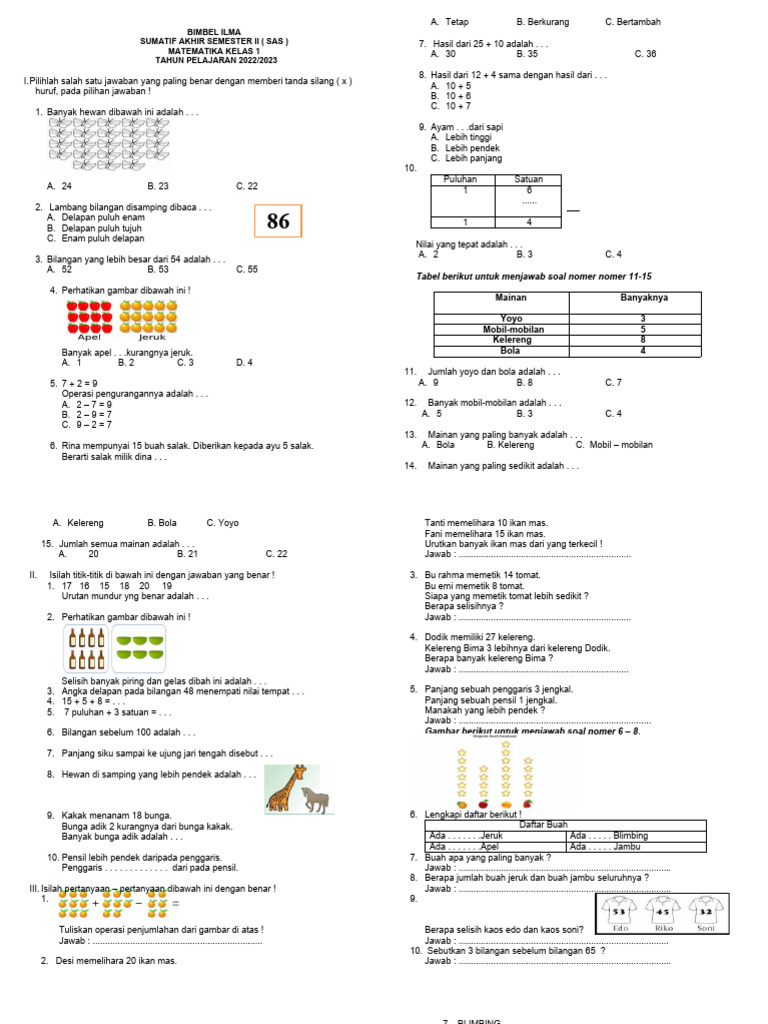 2 - Asat 2 - Kelas 1 - Mtk - 1 | PDF