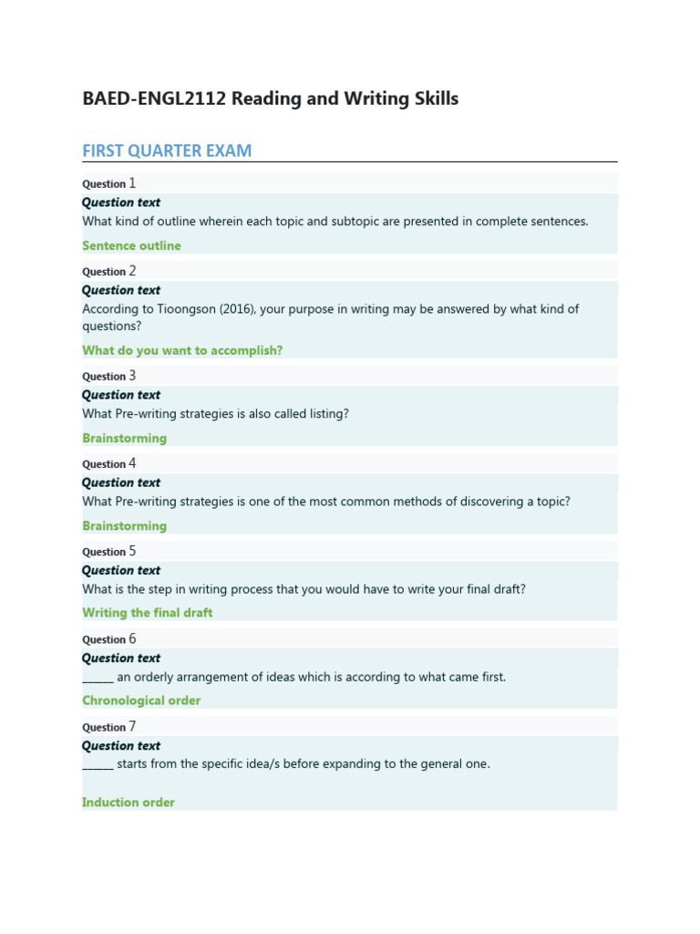 Reading and Writing Skills (1st QE) | PDF | Cognition | Communication