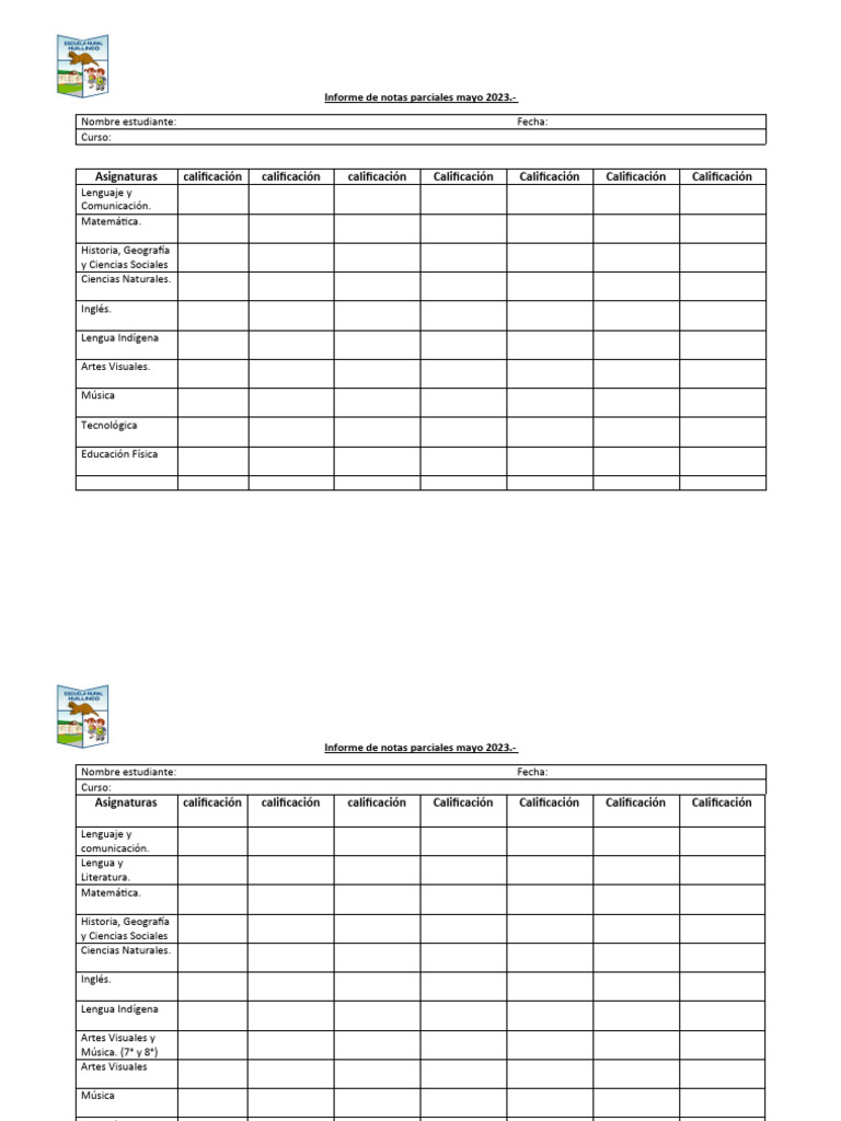 Tabla Informe De Notas Parciales Pdf
