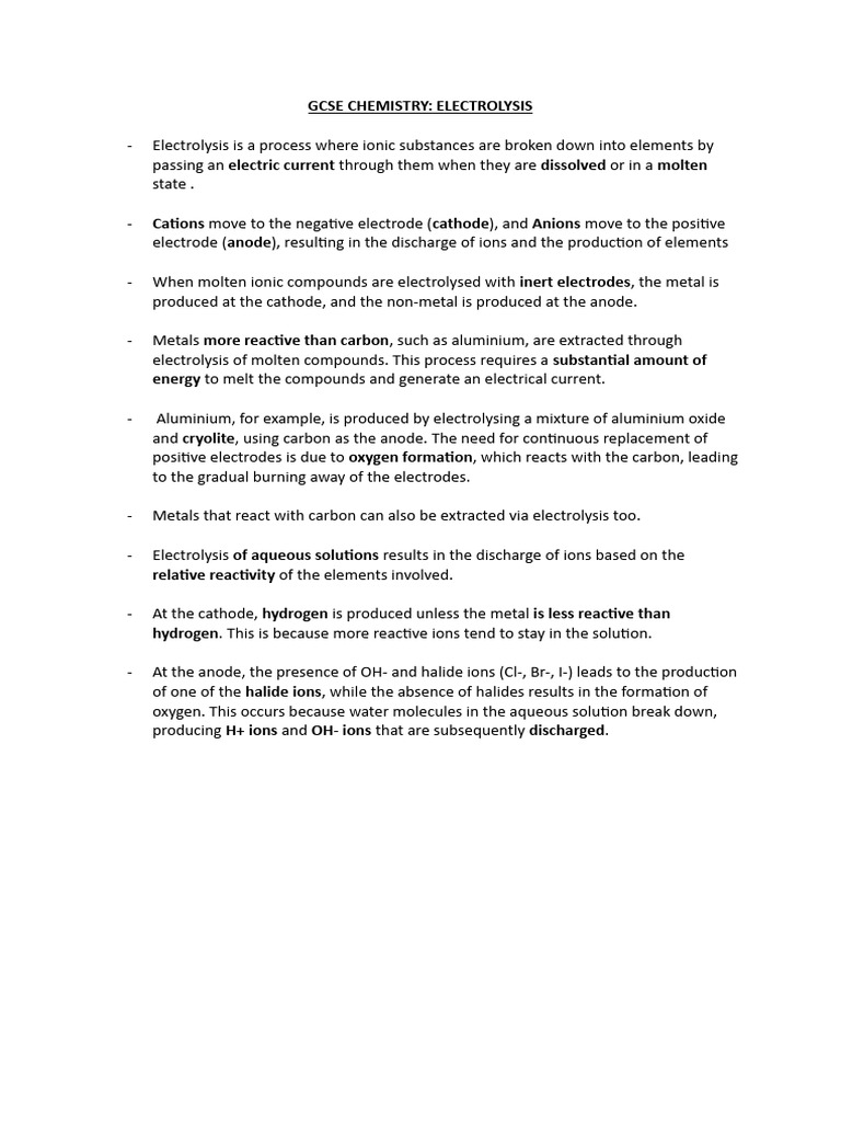 GCSE Electrolysis Overview and Processes | PDF | Ion | Anode
