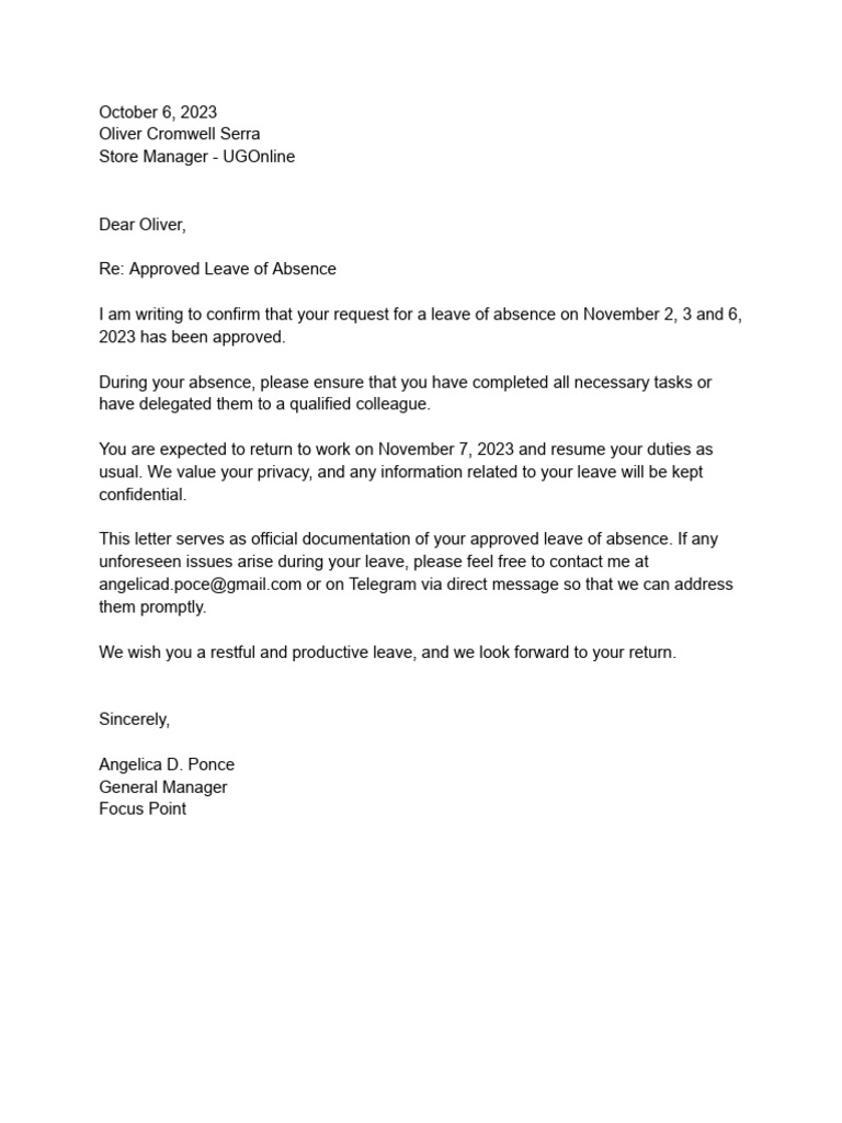 Approved Leave of Absence Form | PDF