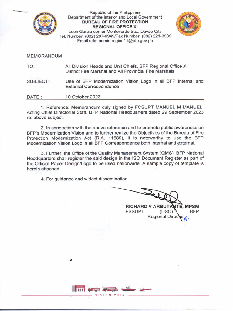 Use of BFP Modernization Vision Logo in All BFP Internal and External ...