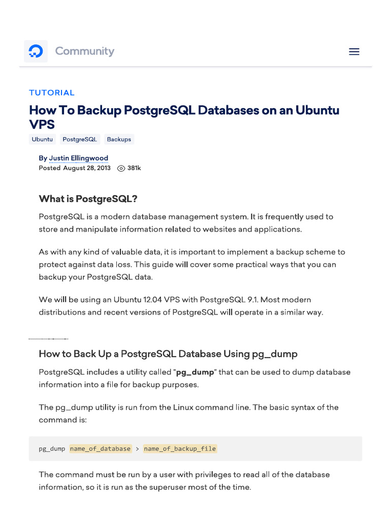 How To Backup PostgreSQL Databases on an Ubuntu VPS _ DigitalOcean | PDF How To Backup PostgreSQL Databases on an Ubuntu VPS _ DigitalOcean | PDF