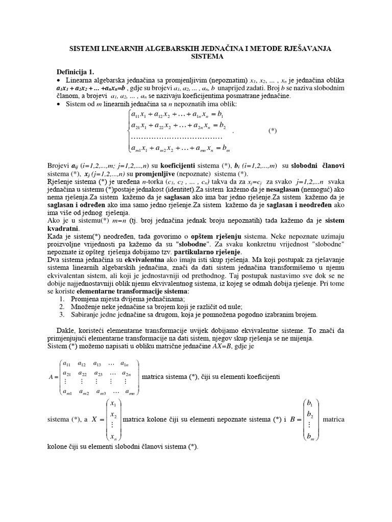 SISTEMI LINEARNIH ALGEBARSKIH JEDNAČINA I METODE RJEŠAVANJA Sistema Jednačina | PDF