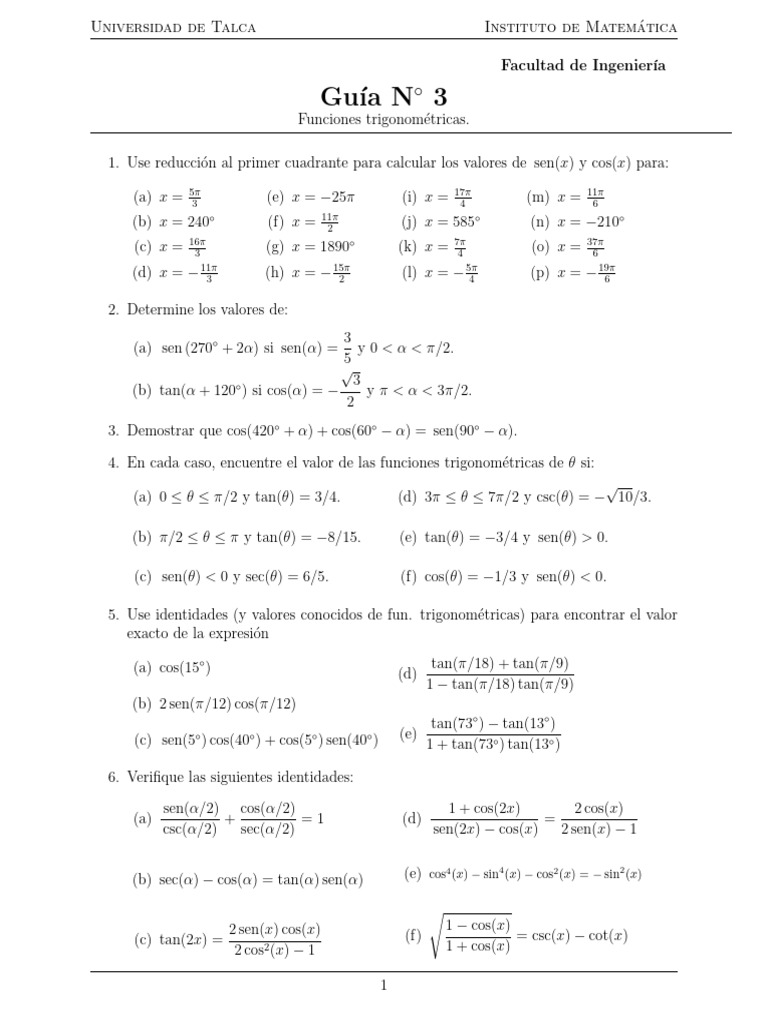 Calculo I Guía 3 Func Trigonométricas | PDF | Trigonometría | Geometría triangular