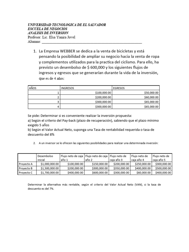 Hoja Ejercicios Van y Tir | PDF | Valor presente neto | Economias