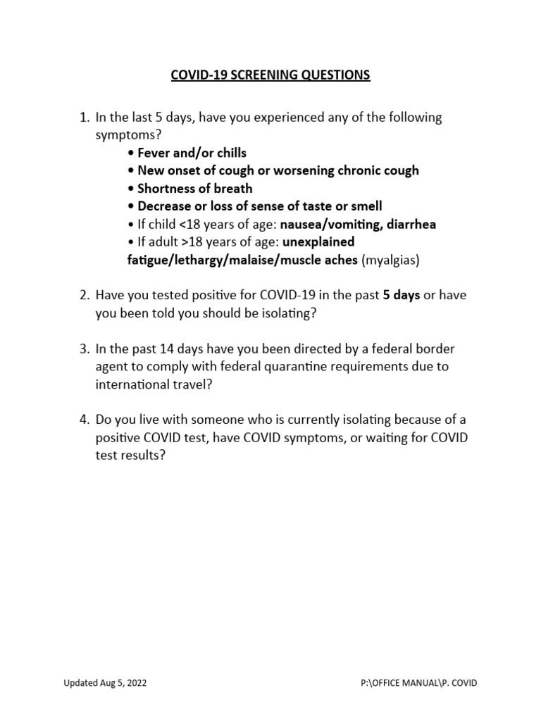 COVID Screening Questions | PDF | Diseases And Disorders | Epidemiology
