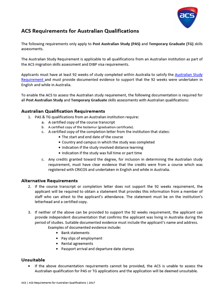 ACS Requirements For Australian Qualifications | PDF | Diploma ...