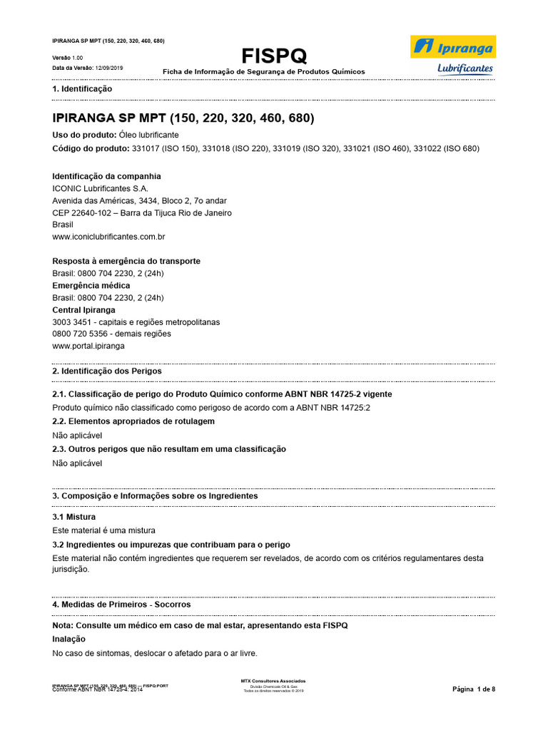 FISPQ Óleo Lubrificante Ipiranga SP MPT | PDF | Desperdício | Solubilidade
