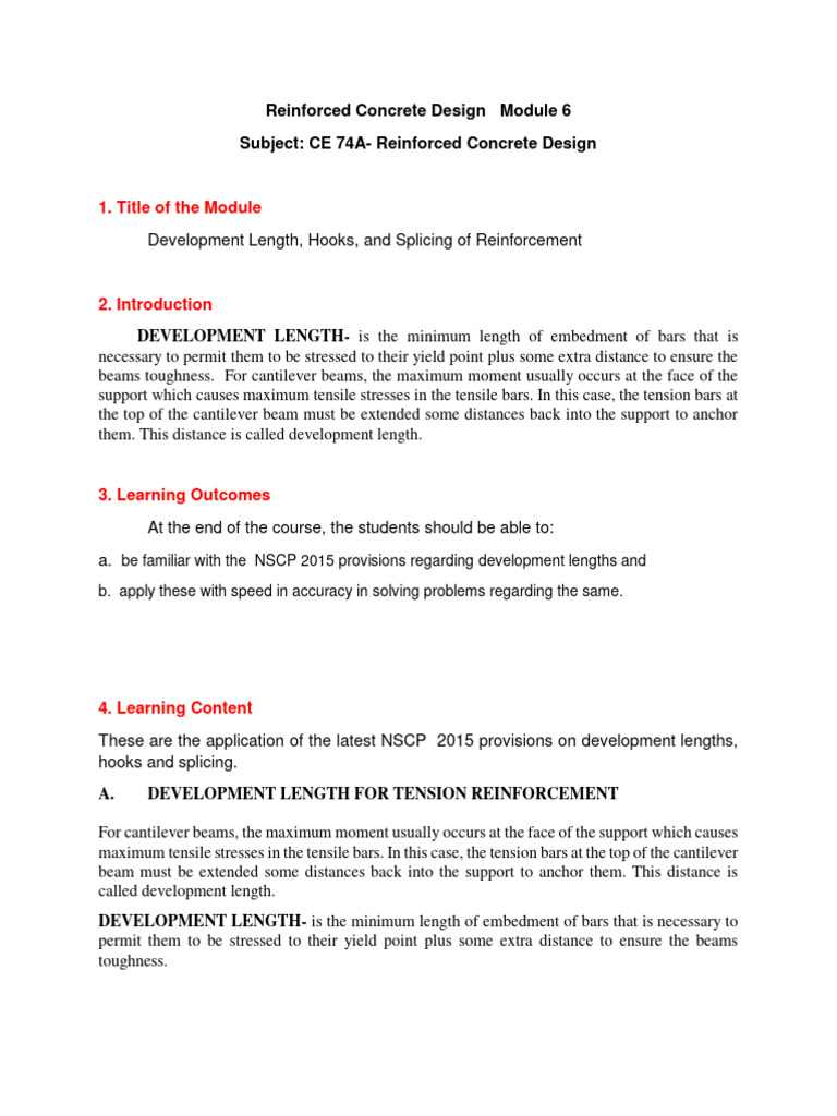 RC Module 6 DEVELOPEMTN LENGTH HOOKS AND SPLICING OF REINFORCEMENT ...