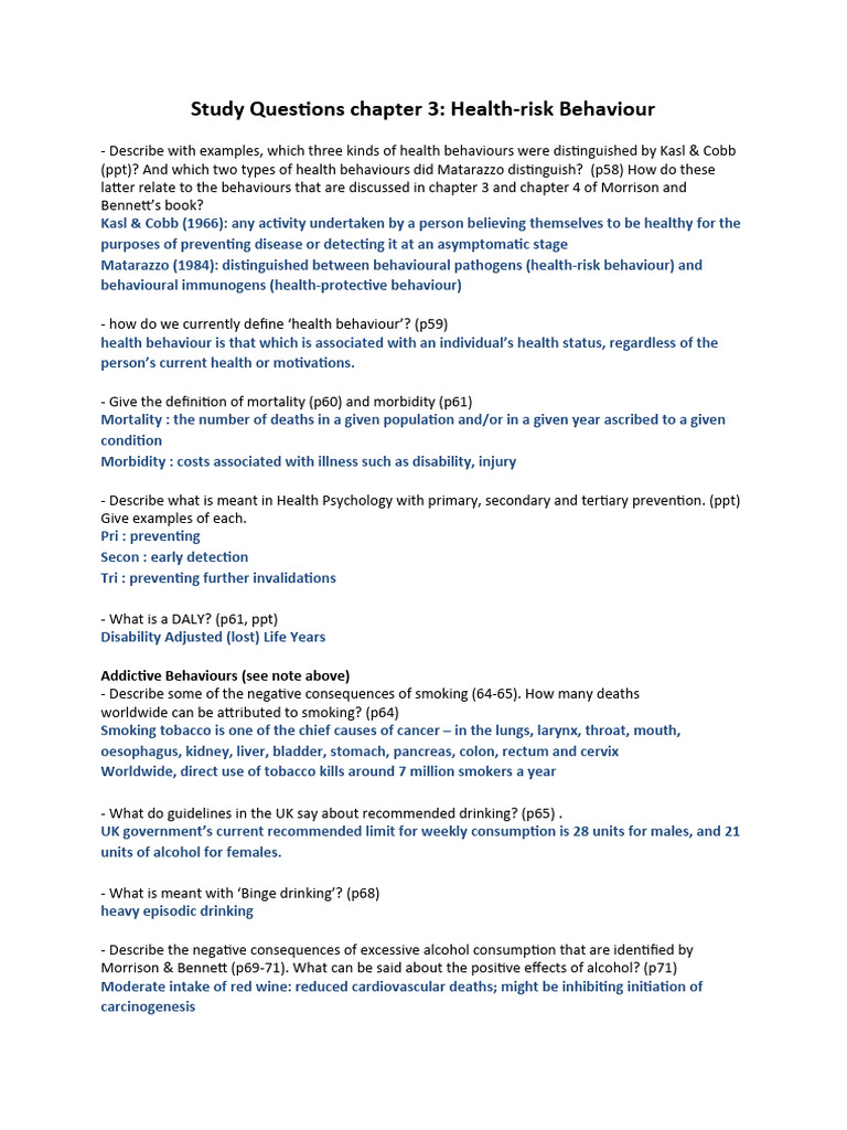Study Questions Chapter 3: Health-Risk Behaviour: Addictive Behaviours ...