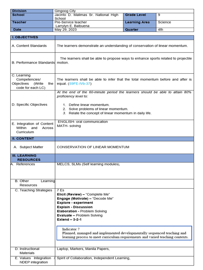 Conservation of Linear Momentum Lesson Plan | PDF