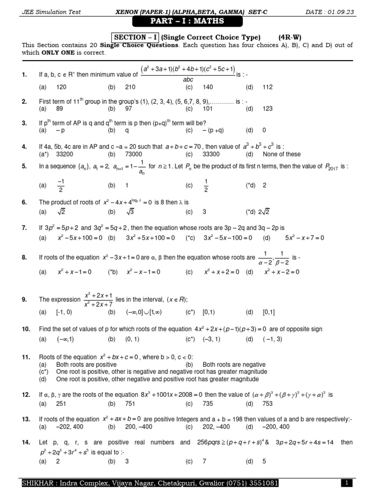 JEE Simulation Test Paper 1 - Maths Section | PDF | Mathematics ...