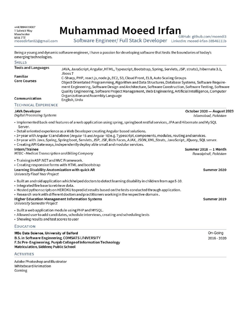 Muhammad Moeed Irfan Qazi - CV | PDF