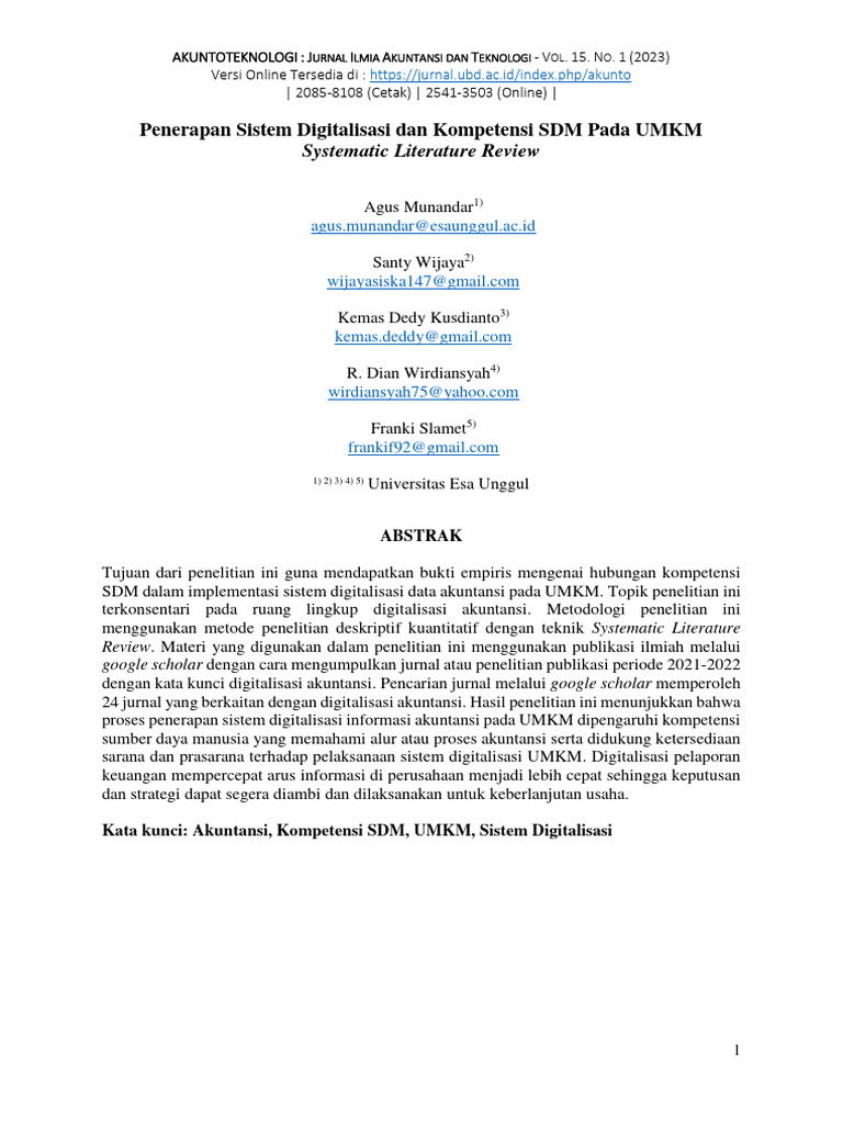 Sdm-Penerapan Sistem Digitalisasi Dan Kompetensi SDM Pada Umkm | PDF