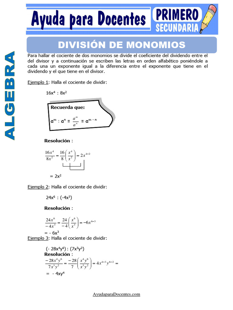 Division de Monomios para Primero de Secundaria | PDF | División ...