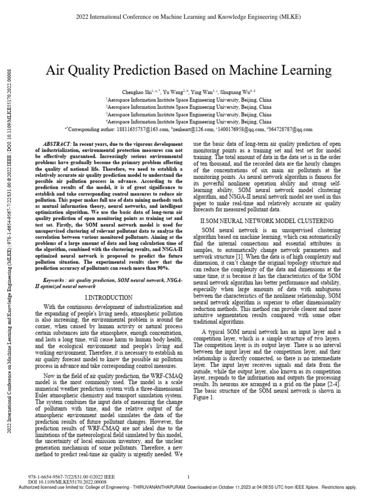 Air Quality Prediction Based On Machine Learning Pdf Cybernetics