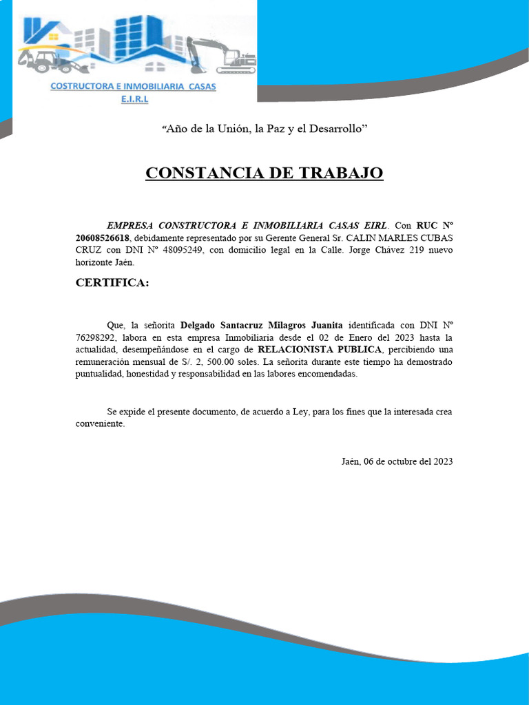 Constancia Laboral de Milagros Delgado | PDF