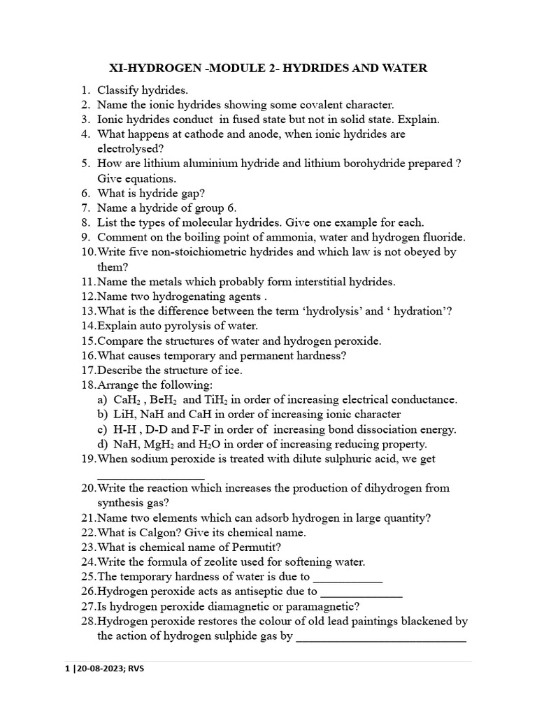 Xi-Hydrogen - Module 2 - Hydrides, Water | PDF | Hydride | Hydrogen