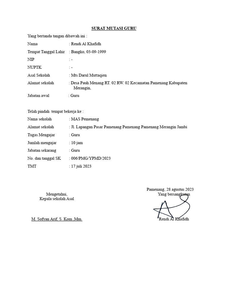 Surat Mutasi Guru | PDF