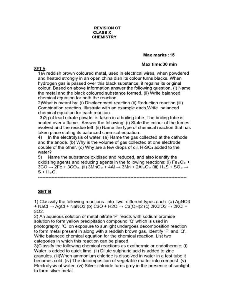 Class 10 Chemistry Chapter 1 Test | PDF | Chemical Reactions ...