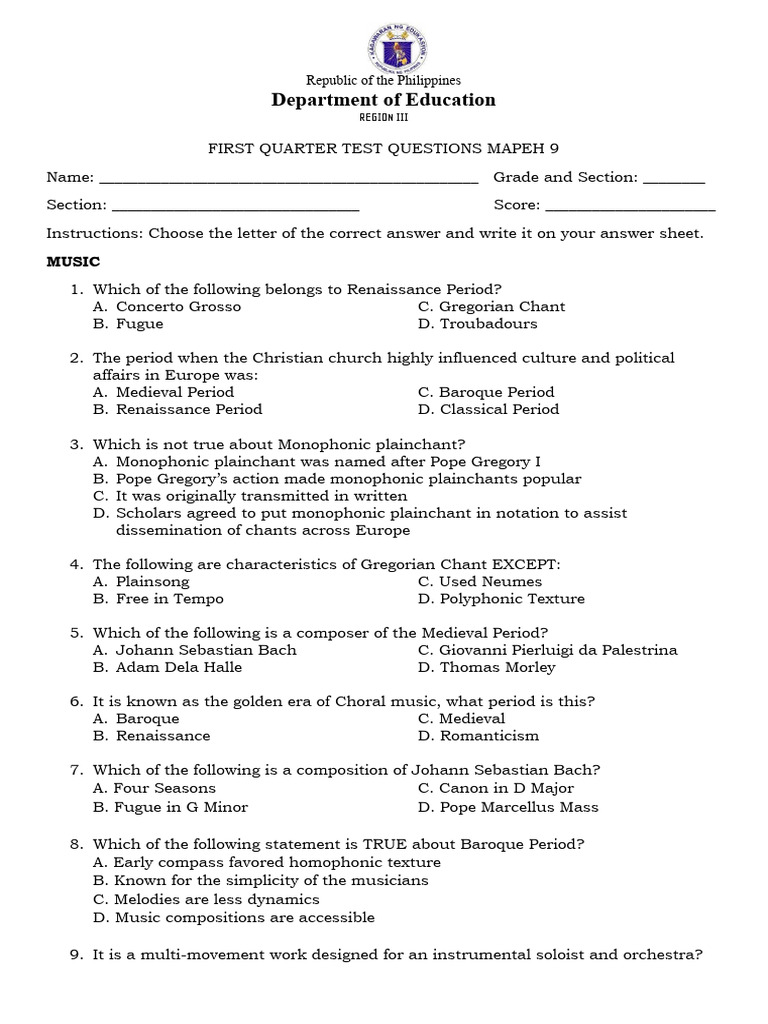 Grade 9 - First Quarter Test Questions Mapeh 9 | PDF | Paintings ...