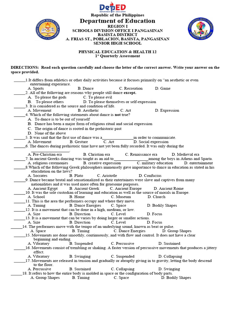 Grade 12 PE & Health 1st Quarter Exam | PDF | Physical Fitness | Dances