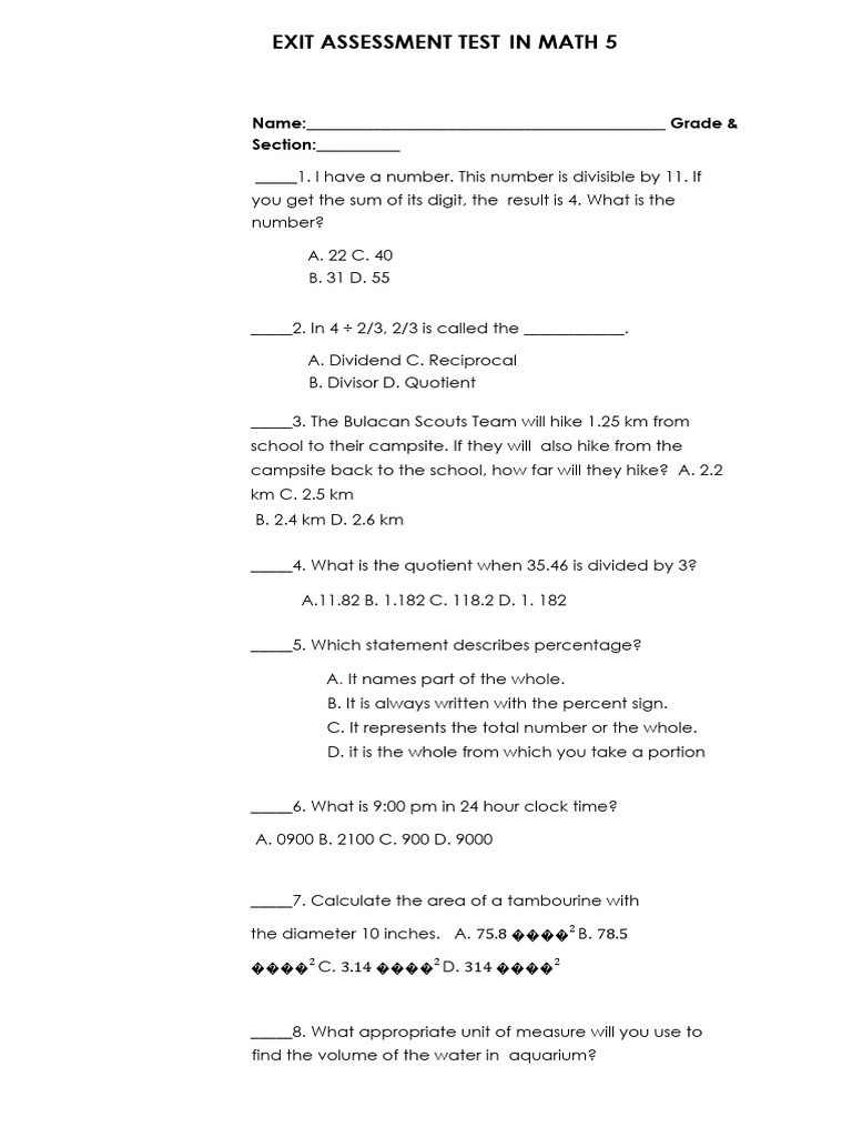 Assessment Math Grade 5 | PDF | Division (Mathematics) | Mathematics